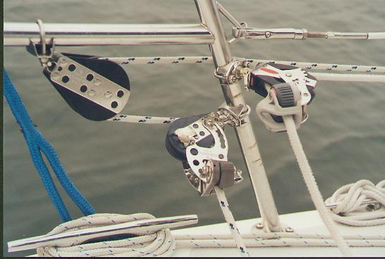 195. Genoa reefing line led through a ratcheting block to add friction ...